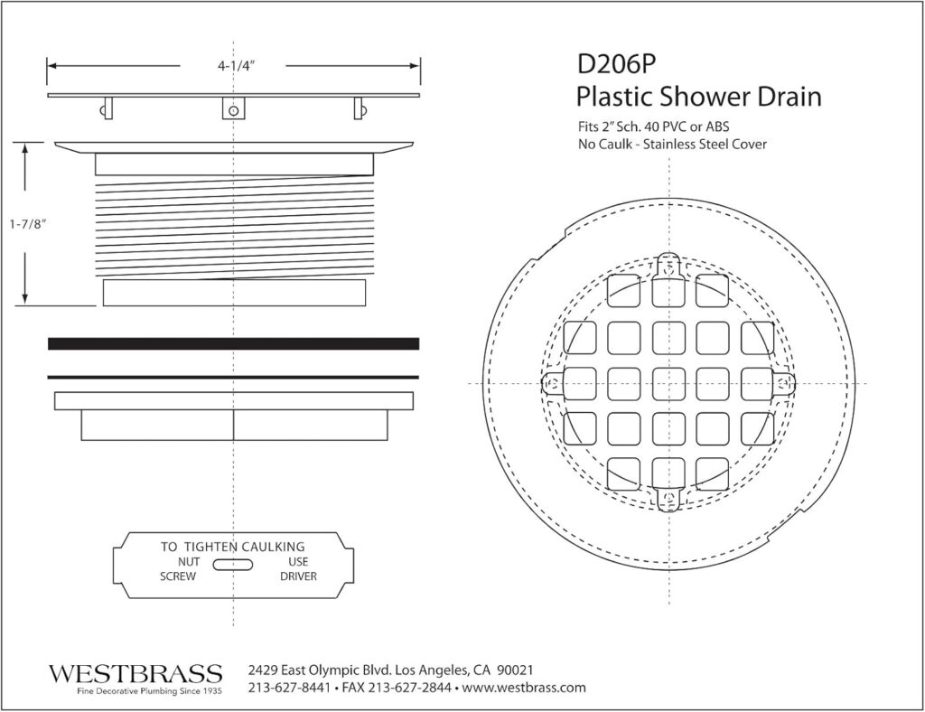 2″ No-Caulk PVC Compression Shower Drain with 4-1/4″ Round Grid Cover ...