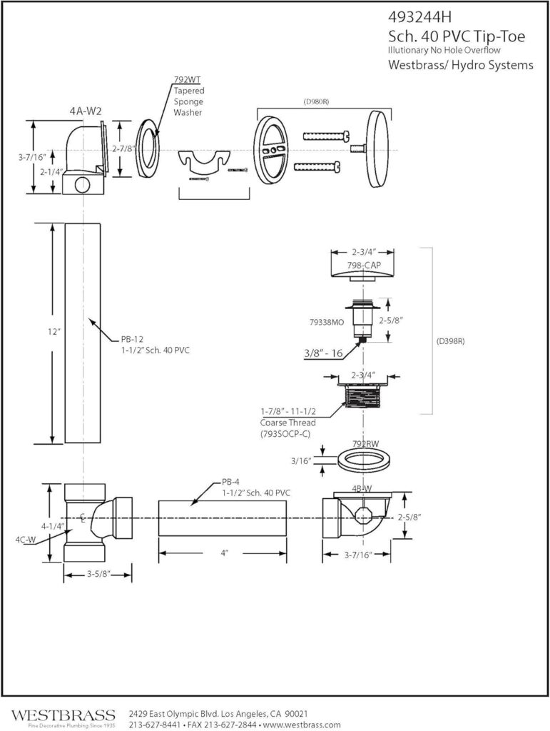 12″ & 4″ Bath Waste & Overflow Assembly with Tip-Toe Drain Plug and ...