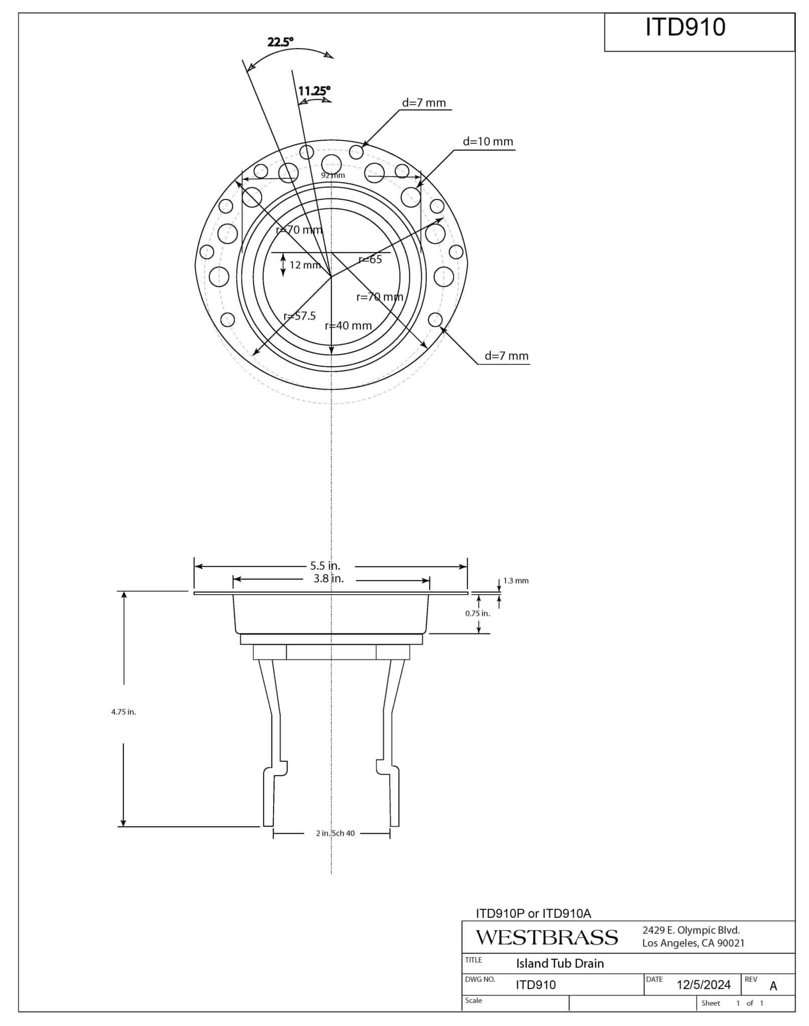 Island Drain For Integrated Overflow Tubs – PVC – Westbrass